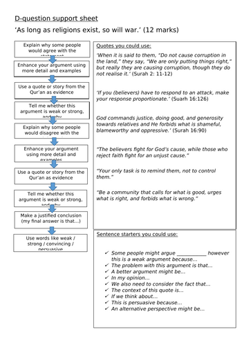 GCSE Religious Studies Edexcel 36 x D question 12 marks support sheets ...