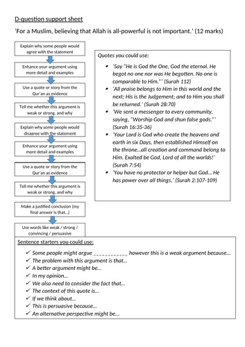 GCSE Religious Studies Edexcel 36 x D question 12 marks support sheets ...