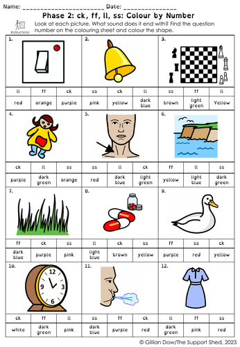 Phonics Phase 2 CK FF LL SS Colour by Number | Teaching Resources