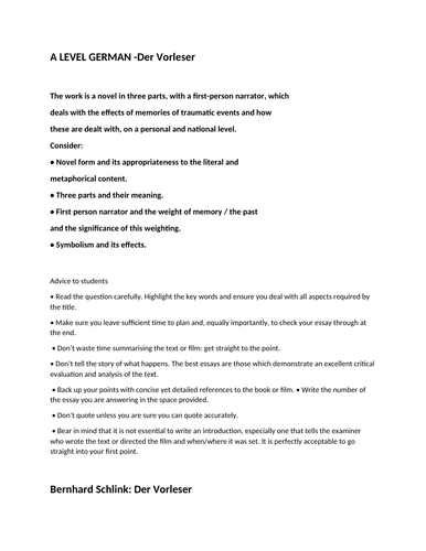 Bernhard Schlink: Der Vorleser: A LEVEL GERMAN mock exam questions ...