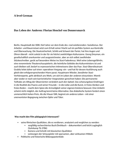 Das Leben der Anderen: Florian Henckel von Donnersmarck: A LEVEL GERMAN ...