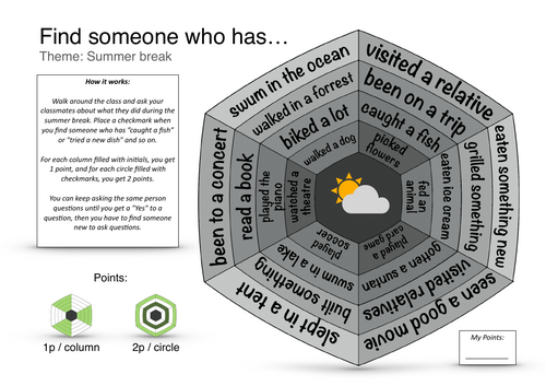 Find someone who (summer holidays, fun activities, the school year ...