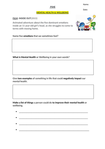 What is Mental Health? INSIDE OUT film lesson (2 parts) Answers ...
