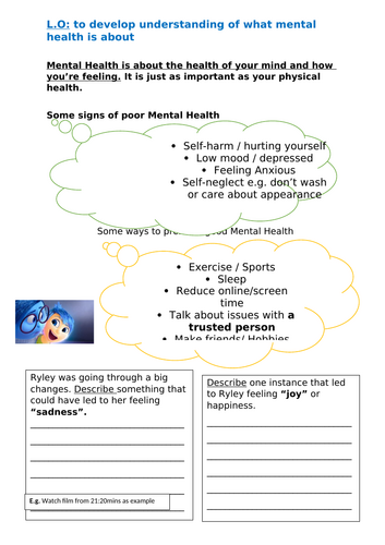 What is Mental Health? INSIDE OUT film lesson (2 parts) Answers ...