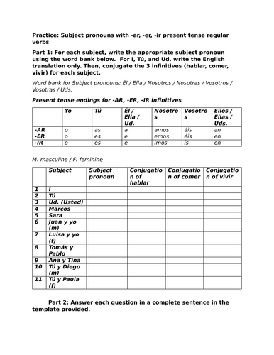 Practice: Subject pronouns with -ar, -er, -ir present tense regular ...