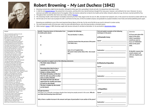 My Last Duchess Revision Sheet | Teaching Resources