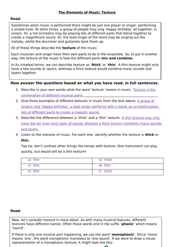 Texture: KS3 Cover Worksheet (with additional listening activity ...