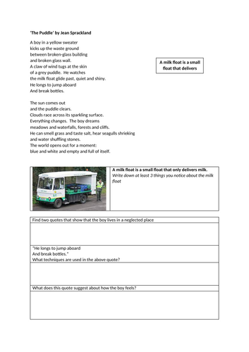 English Literature Unseen Poetry The Puddle by Jean Sprackland KS3 ...