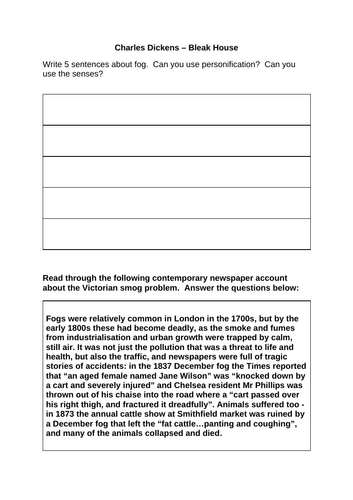 English Language Dickens Bleak House KS3 / KS4 Comprehension task Fog ...
