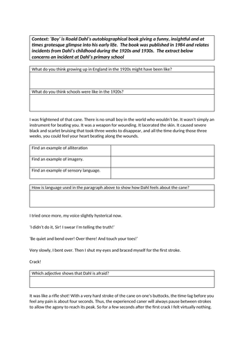 English KS3 / KS4 Roald Dahl Boy Extract Comprehension, Language ...