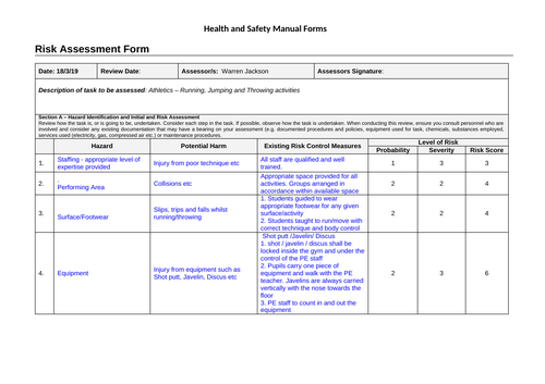 Risk Assessment Athletics | Teaching Resources
