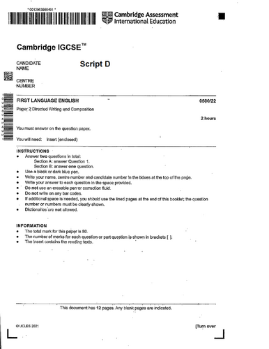 Cambridge Igcse Paper 2 Section B Descriptive Writing Teaching Resources