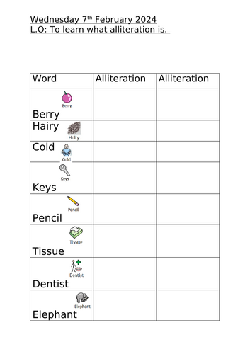 Alliteration worksheet | Teaching Resources