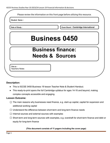 "IGCSE Business -0450 -Business finance: Needs & Sources-Unit of Work ...