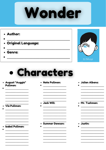 ESL Novel Study Worksheets on "Wonder" by J.R Palacio | Teaching Resources
