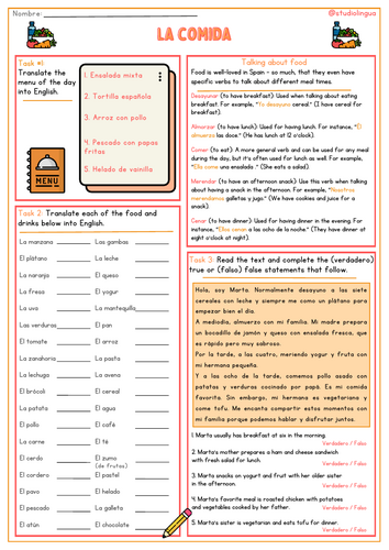 Spanish Food Worksheet | La Comida Worksheet | KS3 | Printable PDF ...