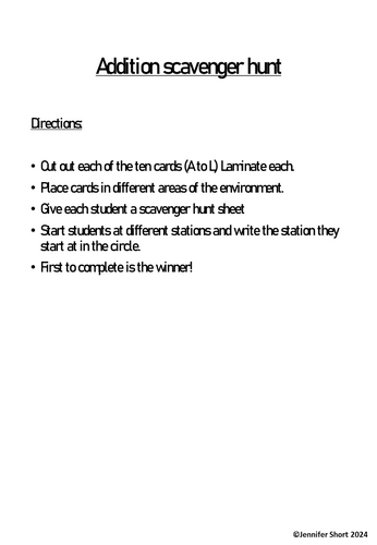 Scavenger Hunt Addition up to 12 | Teaching Resources