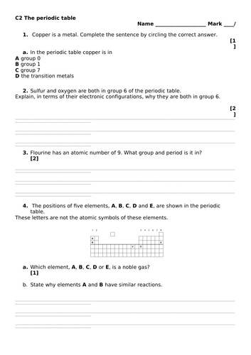 The periodic table mastery quiz and mark scheme | Teaching Resources