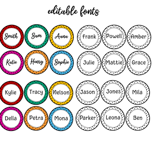 Printable Black and Bright Polka Dots Student Name Labels, Name Signs ...