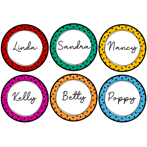 Printable Black and Bright Polka Dots Student Name Labels, Name Signs ...
