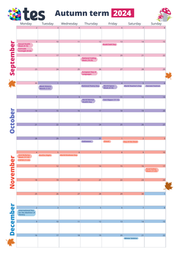 2024/25 Tes autumn term staff room calendar | Teaching Resources
