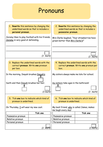 Pronouns Practice Questions - Year 6 SATs | Teaching Resources