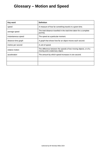 Glossary for Motion and Speed | Teaching Resources