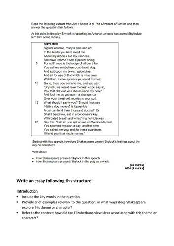 AQA English Literature GCSE Paper 1 The Merchant of Venice essay planning | Teaching Resources