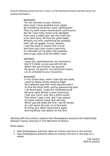 AQA English Literature GCSE Paper 1 The Merchant of Venice essay planning | Teaching Resources