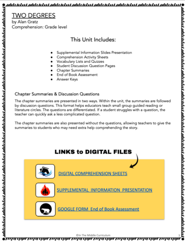 Two Degrees by Alan Gratz Novel Study Unit | Teaching Resources