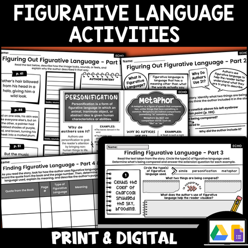 Echo Novel Study Vocabulary Practice, Quizzes and Figurative Language ...