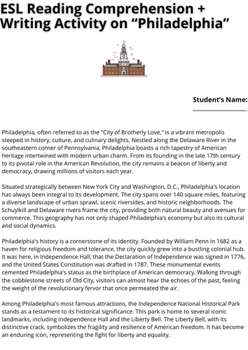 ESL Reading Comprehension + Writing Activity Worksheets on Philadelphia ...