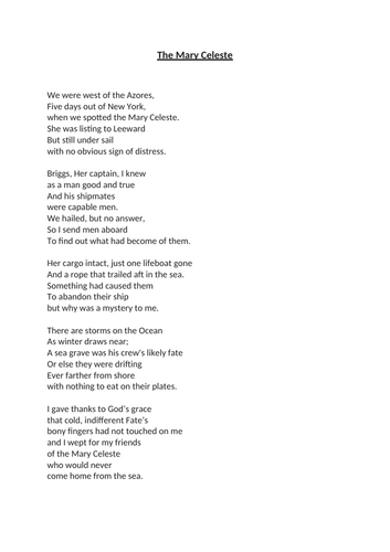 The Mary Celeste - poem resources | Teaching Resources