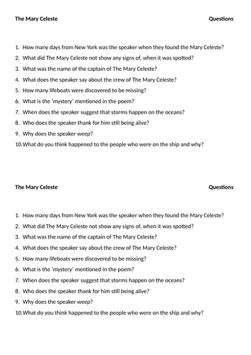 The Mary Celeste - poem resources | Teaching Resources