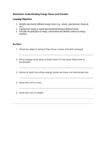 Engaging Year 7 Science Cover Lesson: Energy Stores and Transfers ...