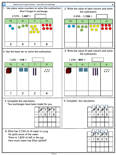 Subtraction with two exchanges with extra reasoning sheet Easy ...