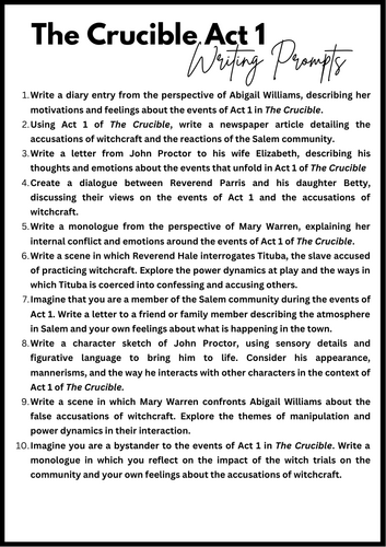 The Crucible by Arthur Miller Act 1 Creative Writing Prompts | Teaching ...
