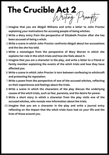 The Crucible by Arthur Miller Act 2 Creative Writing Prompts | Teaching ...
