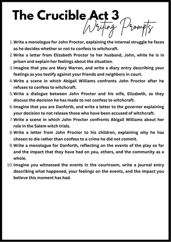 The Crucible by Arthur Miller Act 3 Creative Writing Prompts | Teaching ...