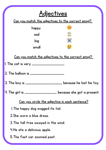 Year 1 Adjectives activity sheet | Teaching Resources