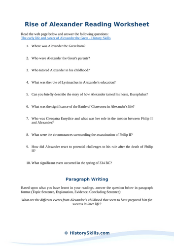 Rise of Alexander the Great Reading Questions Worksheet | Teaching ...