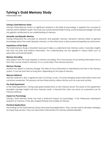 Tulving's Gold Memory Study | Teaching Resources
