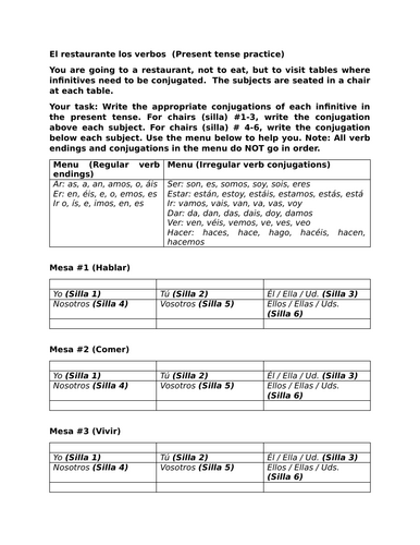 El restaurante los verbos (Present tense practice) | Teaching Resources
