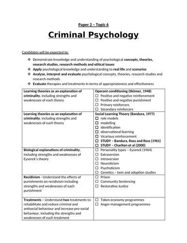 Edexcel GCSE 9 - 1 Psychology - Criminal Psychology - Student Check ...