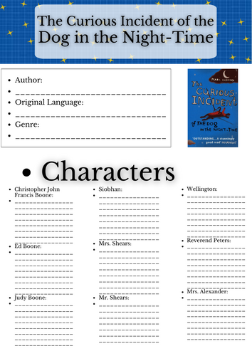 ESL Novel Study Worksheet - "The Curious Incident of the Dog in the ...