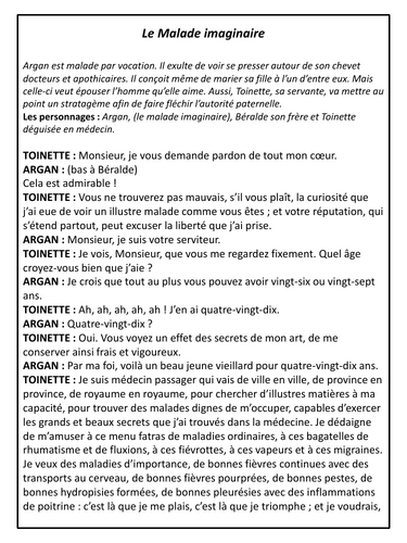 Compréhension de lecture - Le Malade imaginaire / French Reading ...