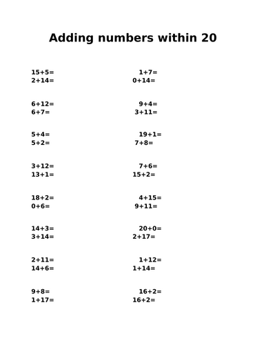 Adding numbers within 20 worksheet | Teaching Resources