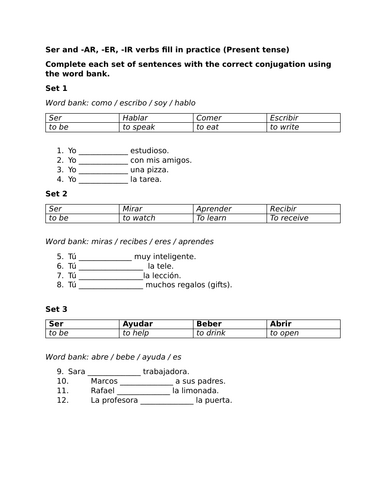Ser and -AR, -ER, -IR verbs fill in practice (Present tense) | Teaching ...