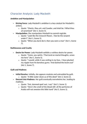 Lady Macbeth Character Analysis | Teaching Resources