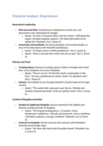 King Duncan character analysis | Teaching Resources